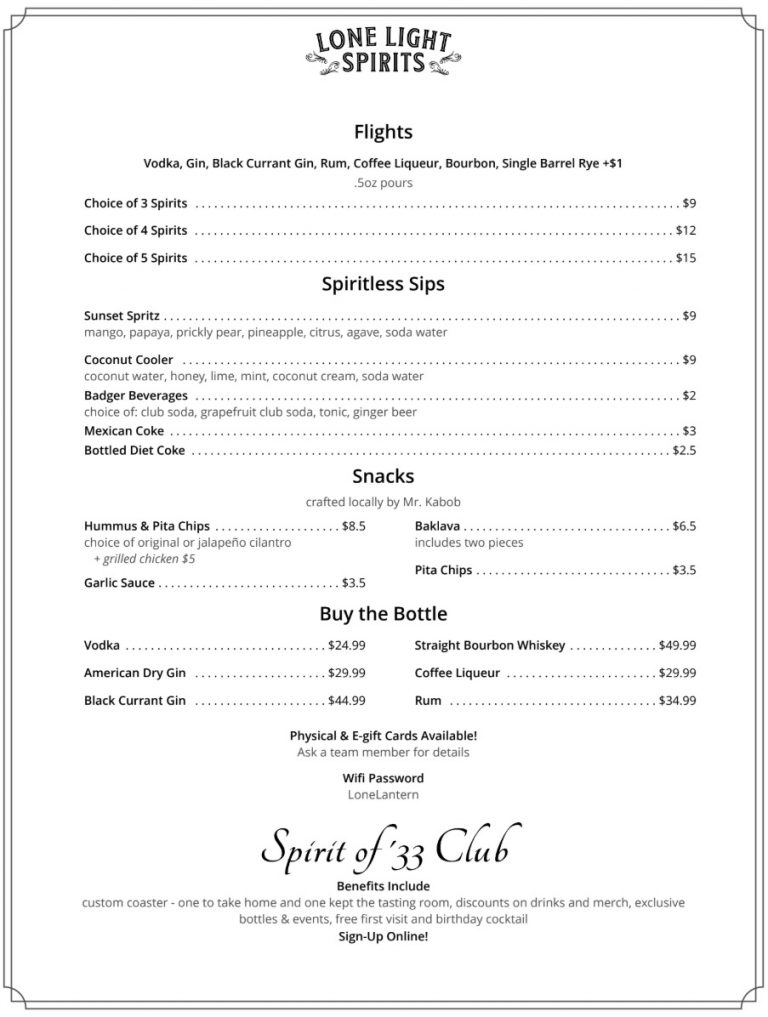 Tasting Room Menu - Lone Light Spirits