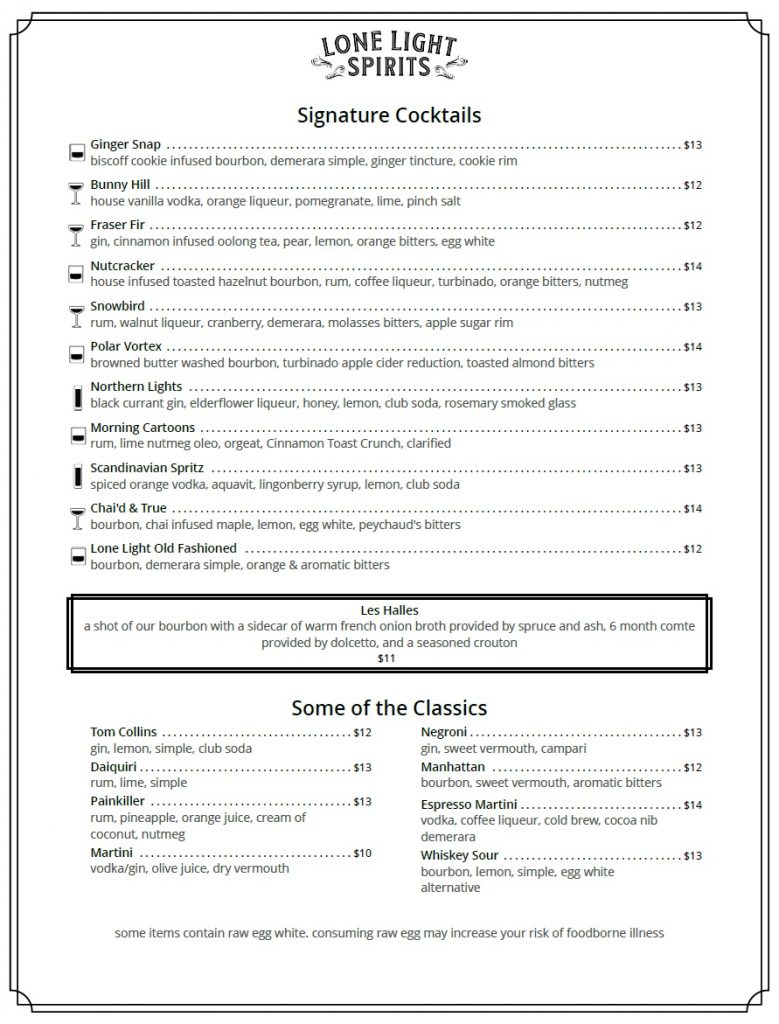 Tasting Room Menu - Lone Light Spirits